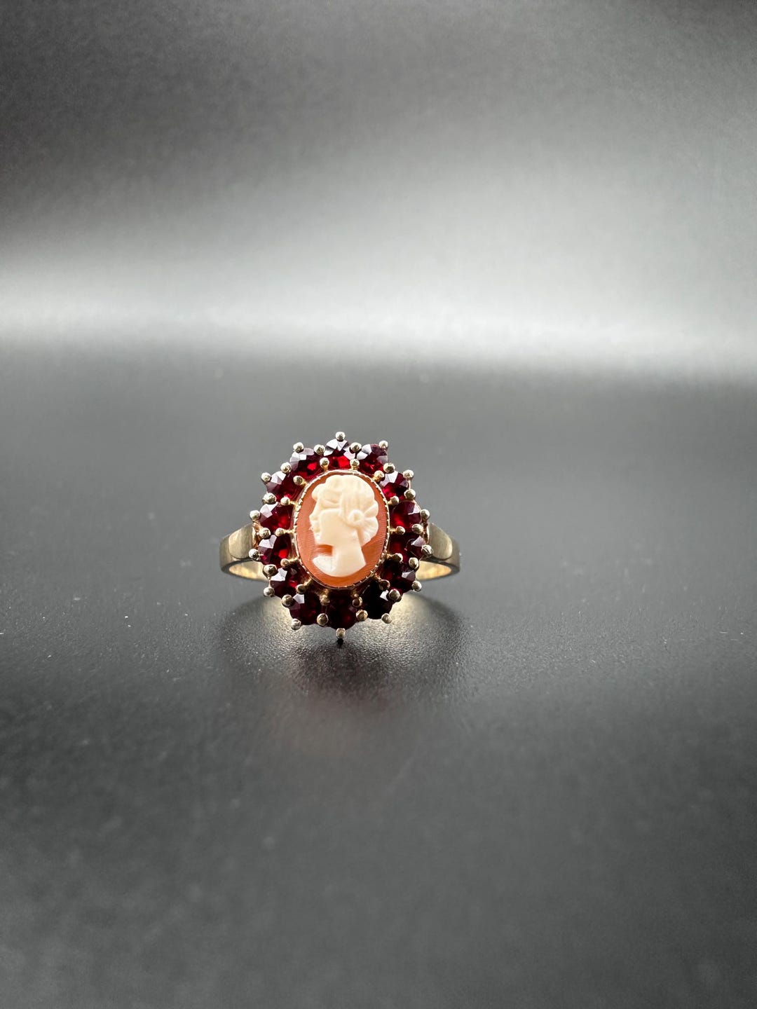 Gilded Cameo Ring With Garnet Halo | 900 Silver | - Etsy