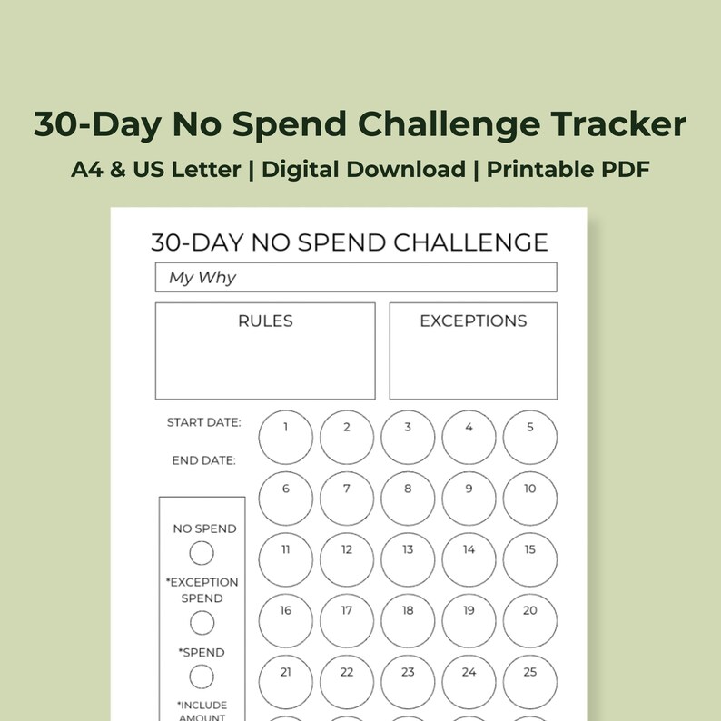 30 Day No Spend Tracker Printable | 4 Colors & 2 Sizes | Simple Budget ...