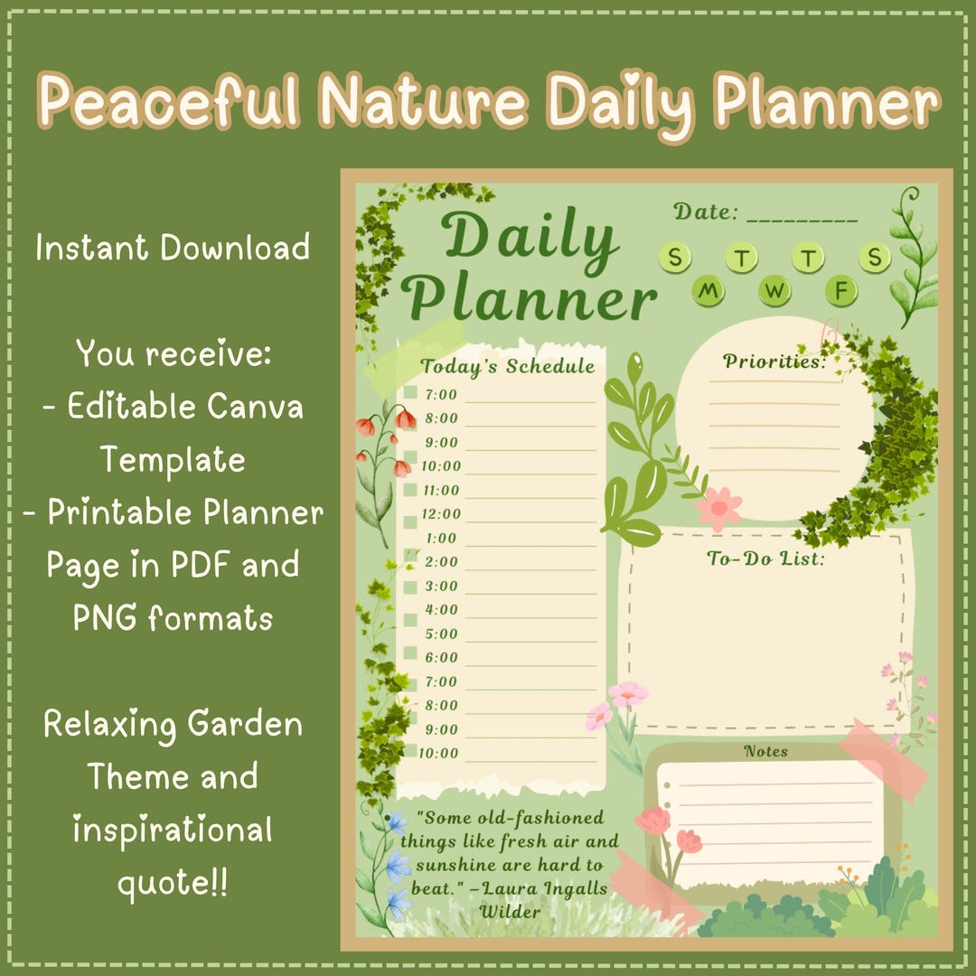 Peaceful Nature Printable Daily Planner | PDF & PNG Editable ...