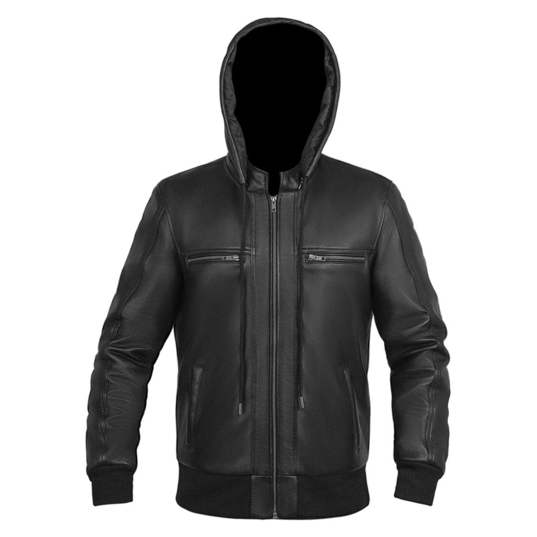 Black Leather Hooded Motorcycle Jacket Mens, Handmade Mens Leather ...