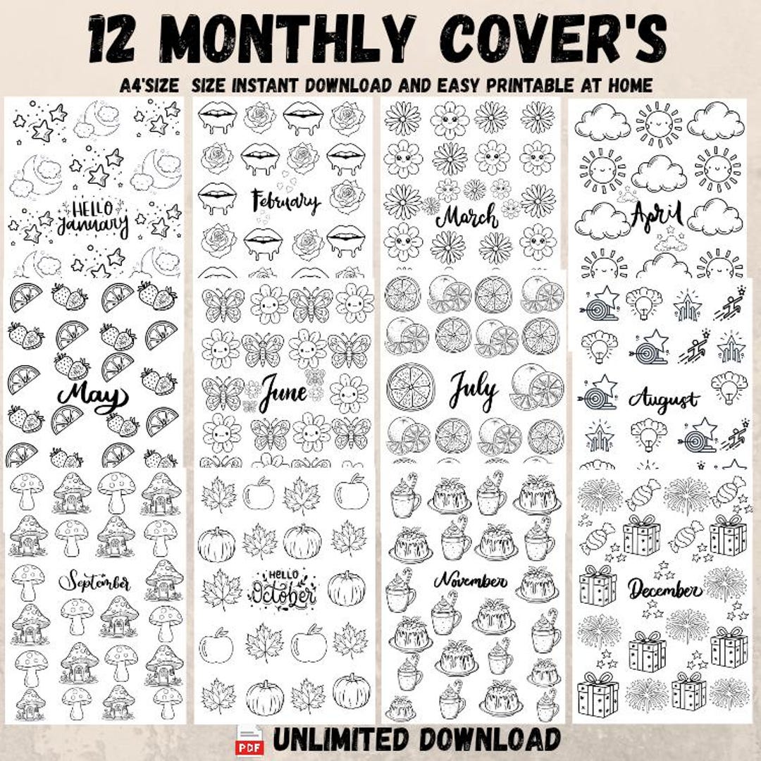 12 Monthly Planner Cover Pages Bundle Journal Printable Bujo Pre-made ...