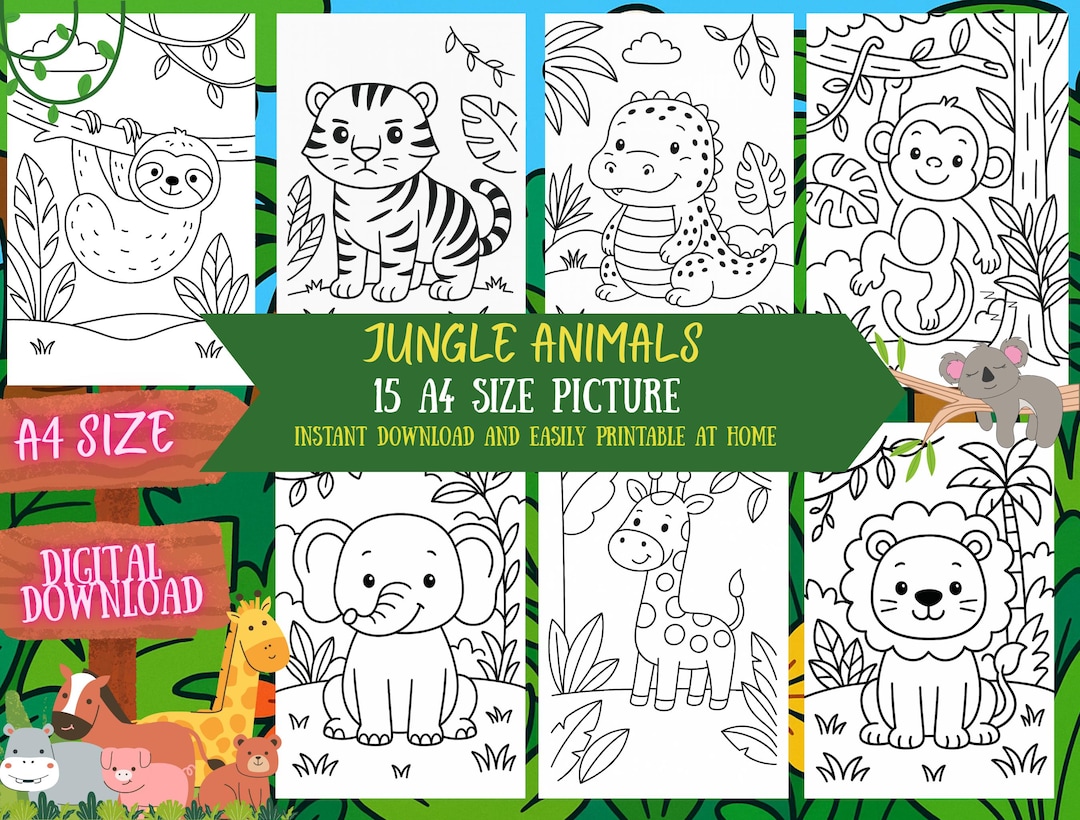 Jungle Animal Coloring Pages for Kids – Toddler Coloring Sheets, Jungle ...