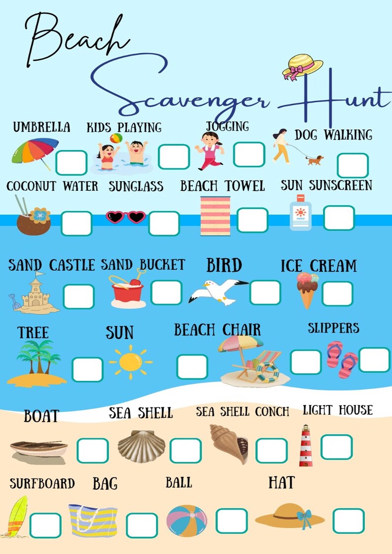 Beach Scavenger Hunt Printable: Kids' Summer Activity (PDF Download A4 ...
