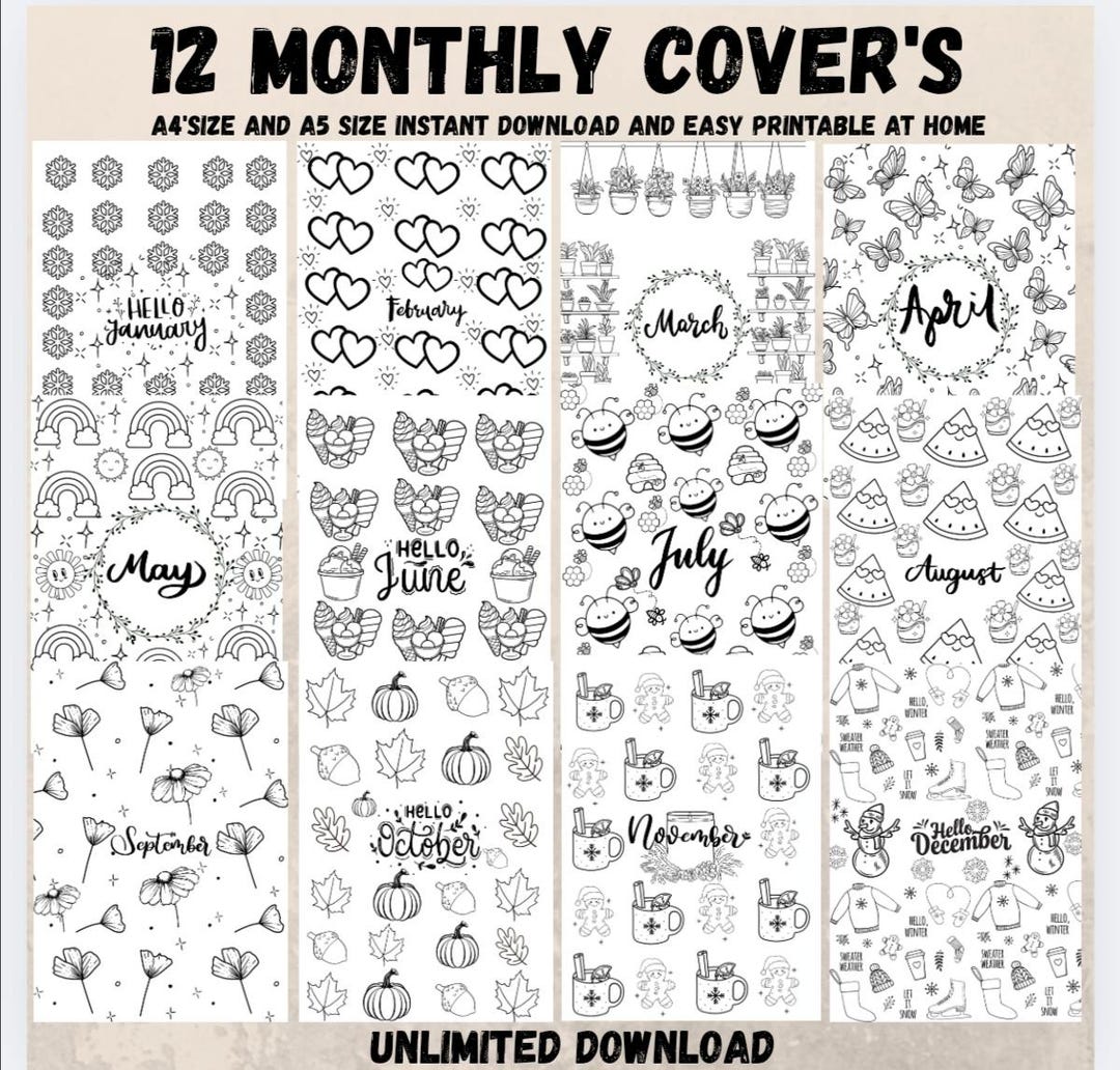 12 Monthly Planner Cover Pages Bundle Journal Printable Bujo Pre-made ...