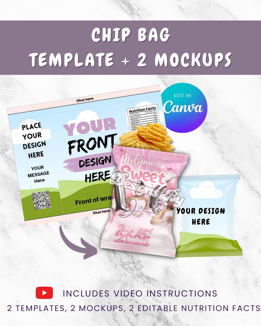 Editable Chip Bag Template + Mockup: DIY Party Favor, Canva Design ...