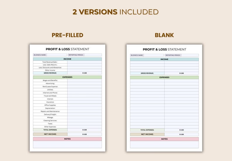 Editable Profit and Loss Statement | Printable P&L Template Bundle ...