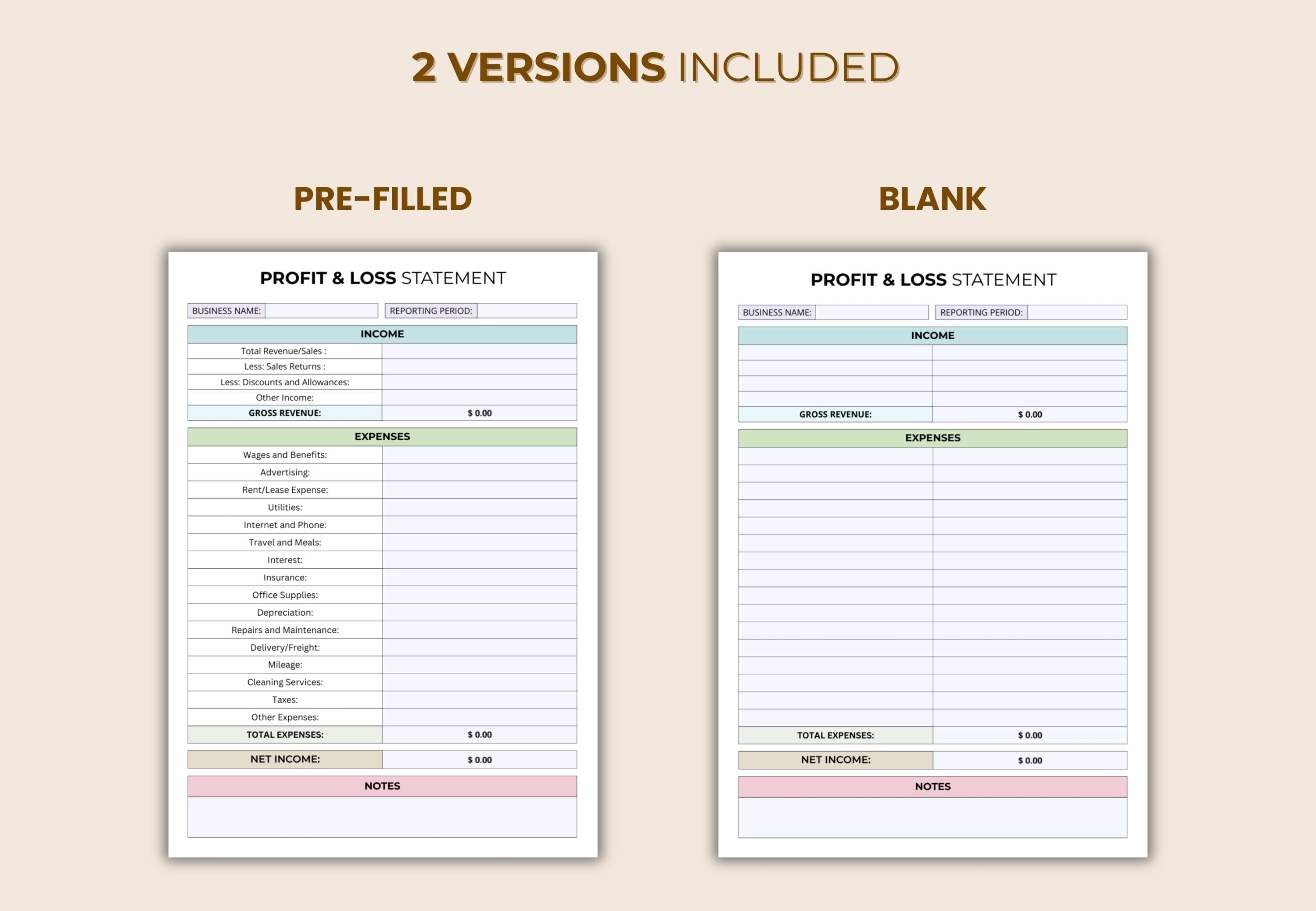 Editable Profit and Loss Statement | Printable P&L Template Bundle ...