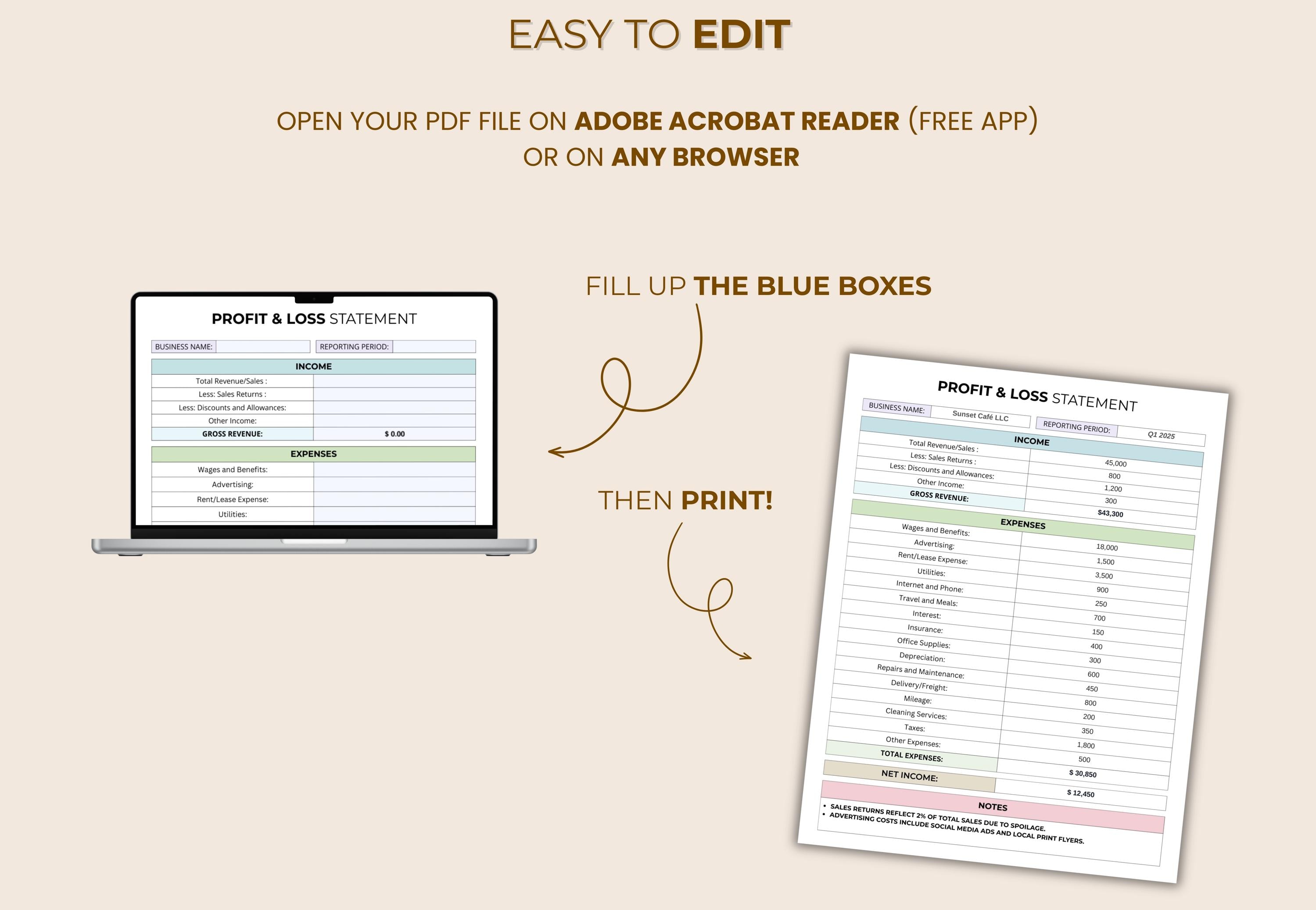 Editable Profit and Loss Statement | Printable P&L Template Bundle ...