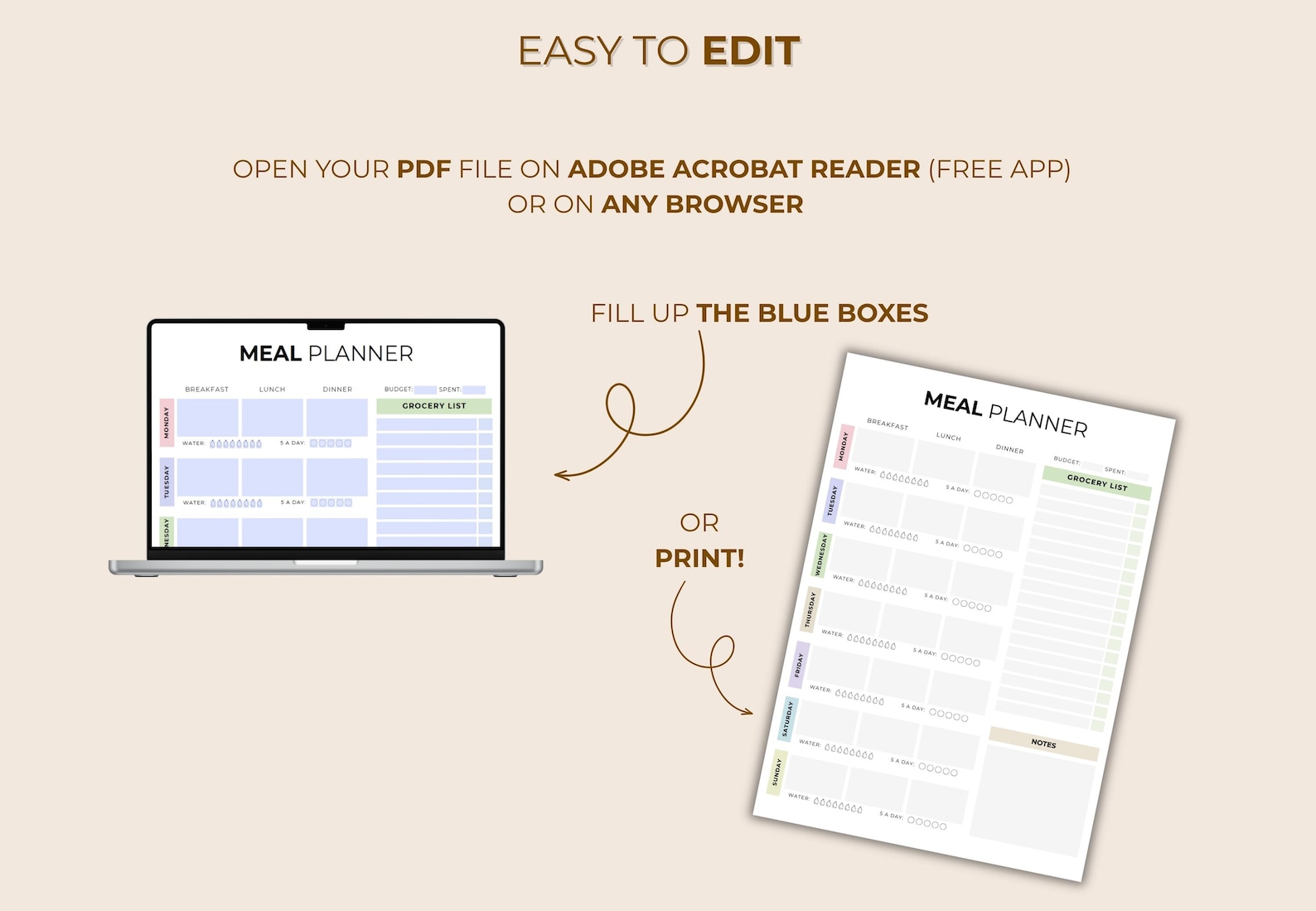 Weekly Meal Planner Digital & Printable, Editable PDF Meal Plan ...