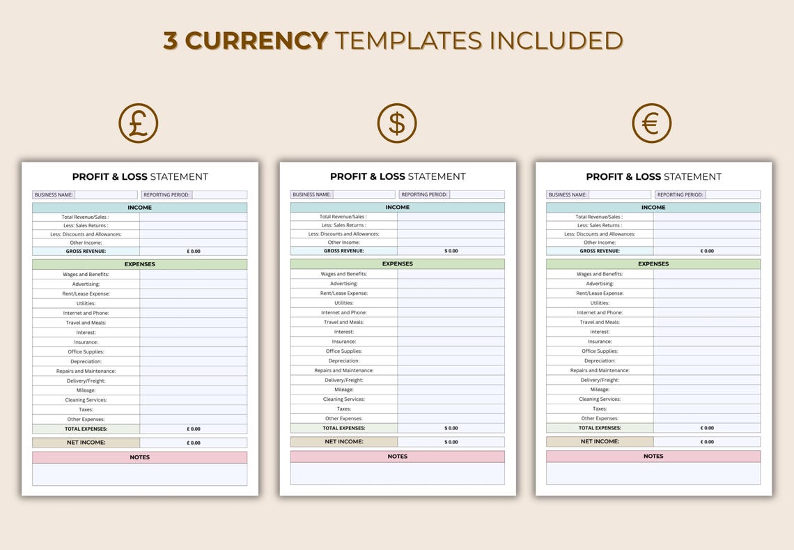 Editable Profit and Loss Statement | Printable P&L Template Bundle ...