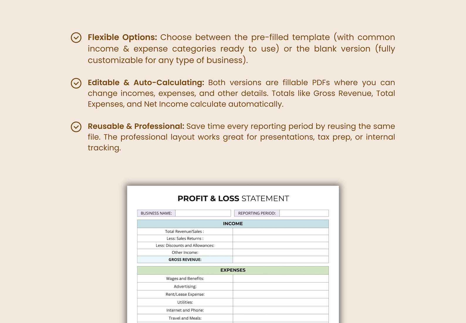 Editable Profit and Loss Statement | Printable P&L Template Bundle ...
