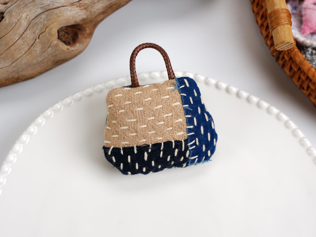 Handmade Fabric Patchwork Bag Brooch, 2.8"×2.5", Unique Accessory for ...