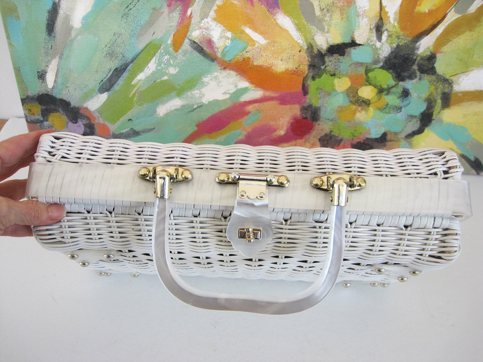 Vintage White Wicker Handbag Large Box Purse Lucite Silver - Etsy