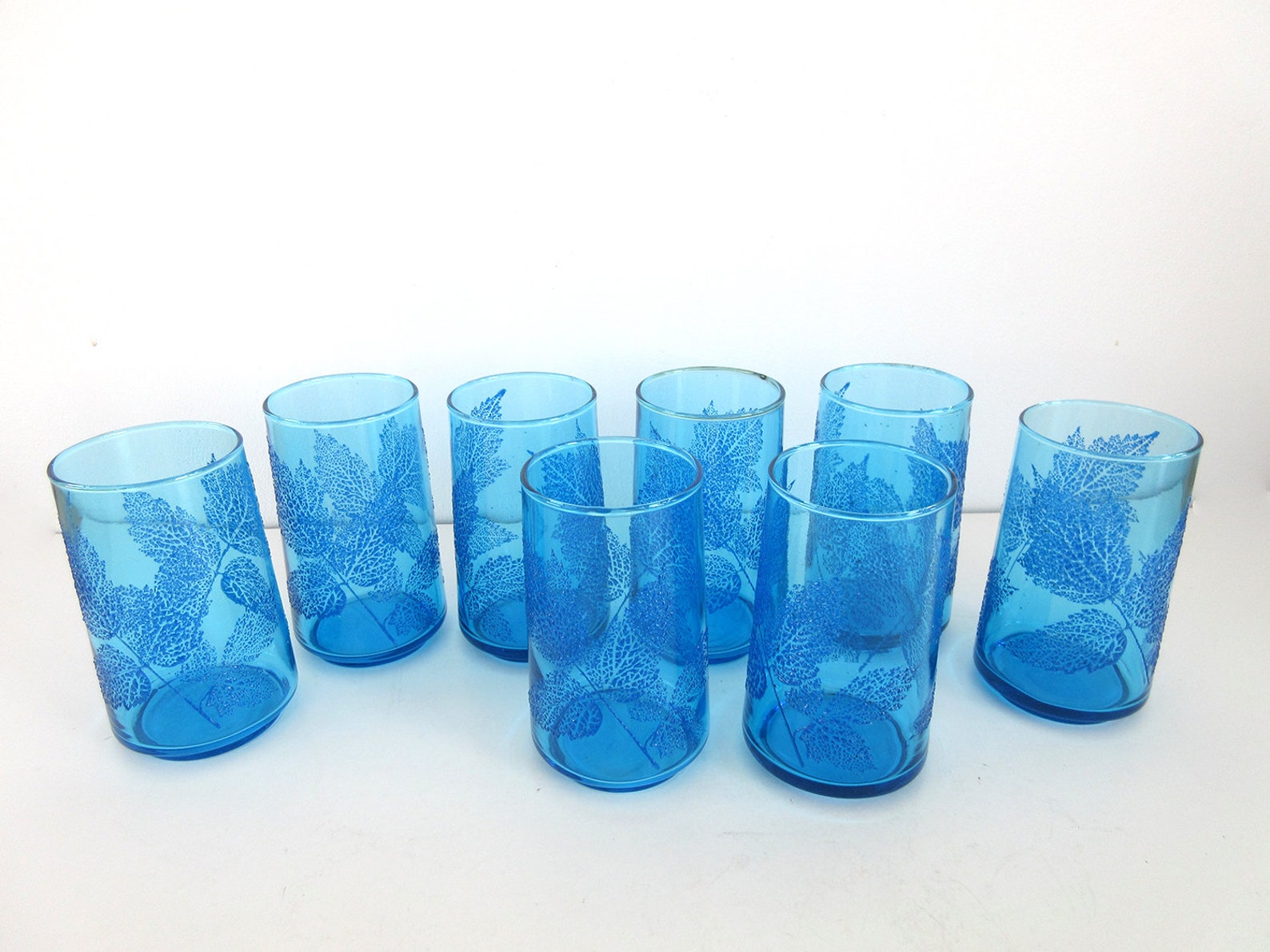 Vintage Glass Tumbler Set of Four Aqua Glassware Embossed - Etsy