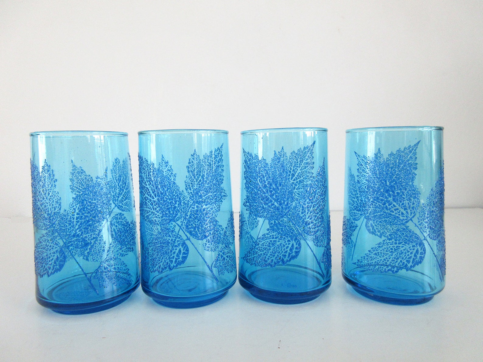 Vintage Glass Tumbler Set of Four Aqua Glassware Embossed - Etsy