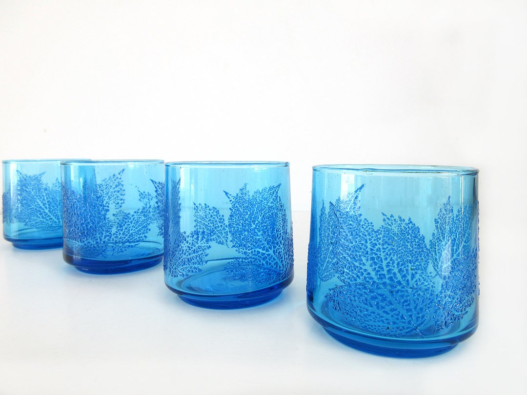 Vintage Glass Tumbler Set of Four, Short Juice Glasses, Aqua Glassware ...