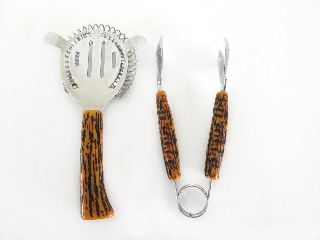 Vintage Bar Tool Set, Faux Antler Horn, Deer Design, MCM Strainer Tongs ...