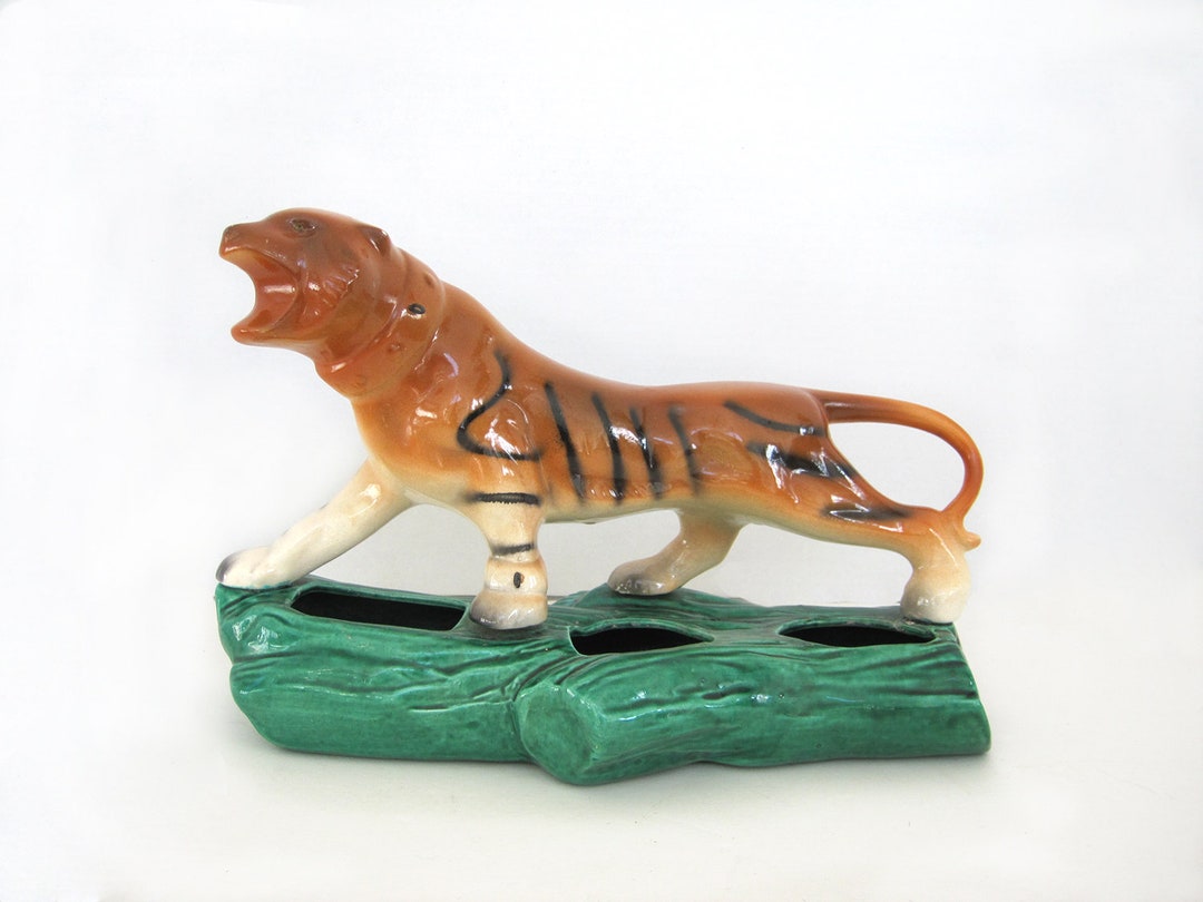 Vintage Ceramic Tiger Planter Standing on Log Mid Century Decor Large ...