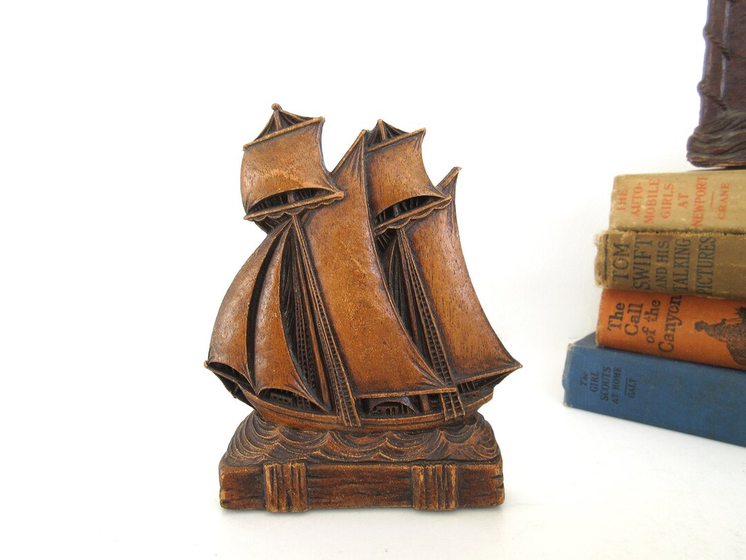 Vintage Syroco Wood Clipper Ship Boat Bookend Nautical Decor Sailing ...