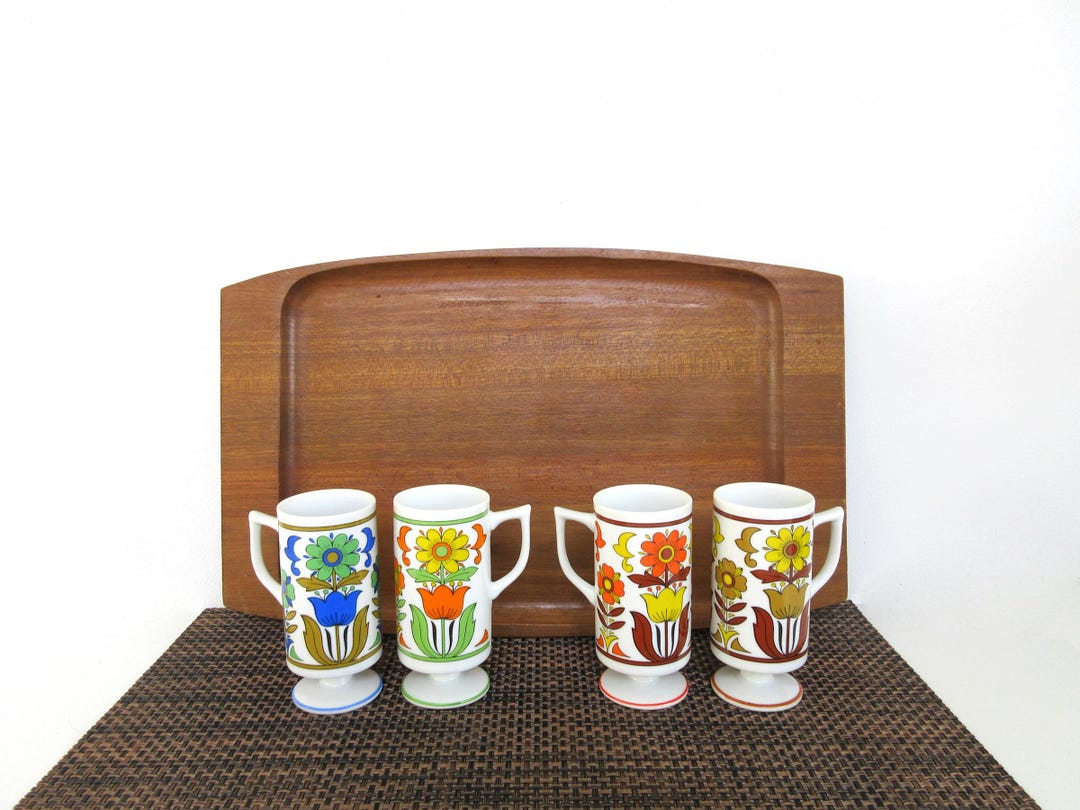 Vintage Ceramic Floral Mug Set, Narrow Mod Folk Art, Smug Pedestal Cups ...