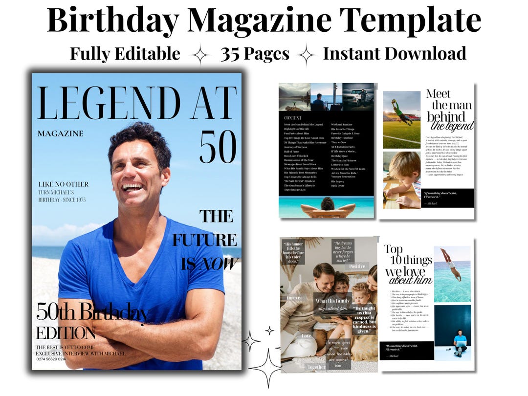 Editable 50th Birthday Magazine Template for Men, Custom Canva Design ...