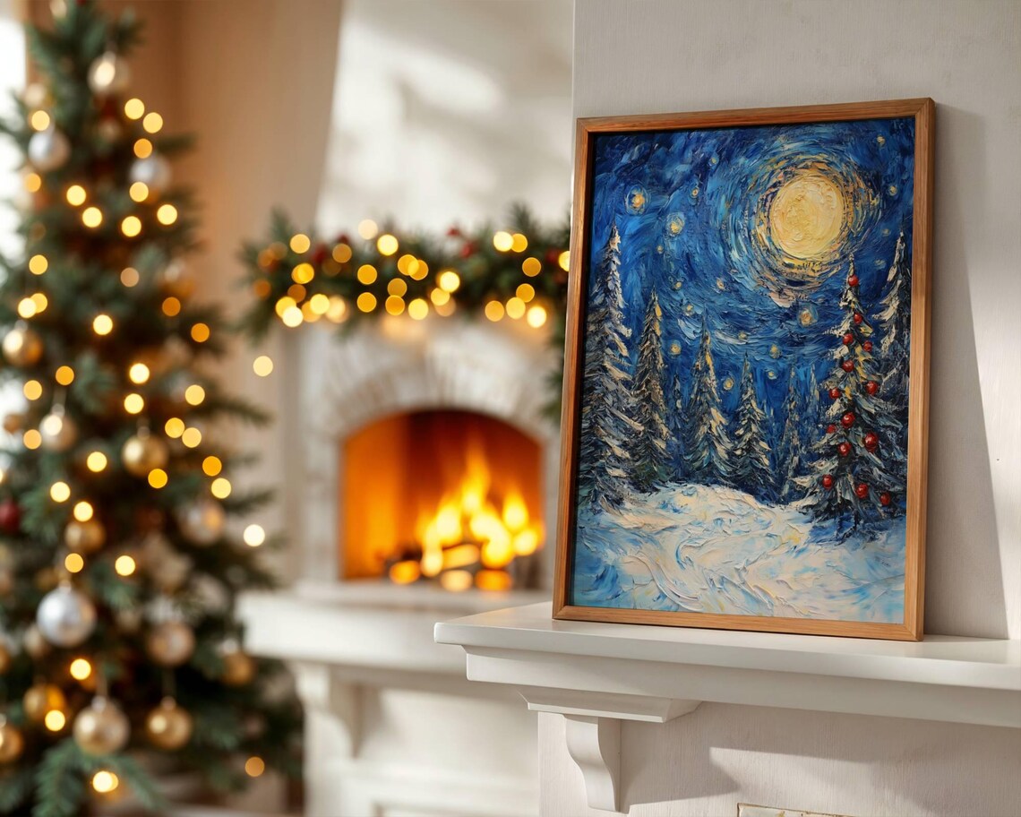 Starry Christmas Night Wall Art | Snowy Pine Forest Holiday Print ...