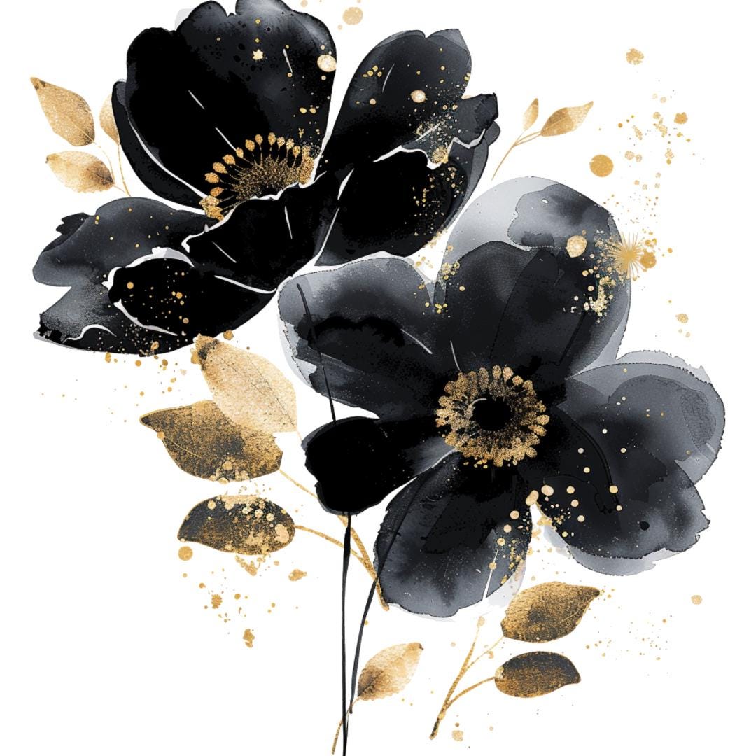 18 Black and Gold Flower Clipart PNG | Elegant Watercolor Floral ...
