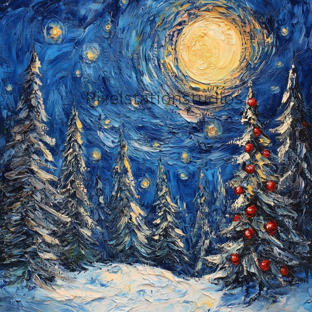 Starry Christmas Night Wall Art | Snowy Pine Forest Holiday Print ...