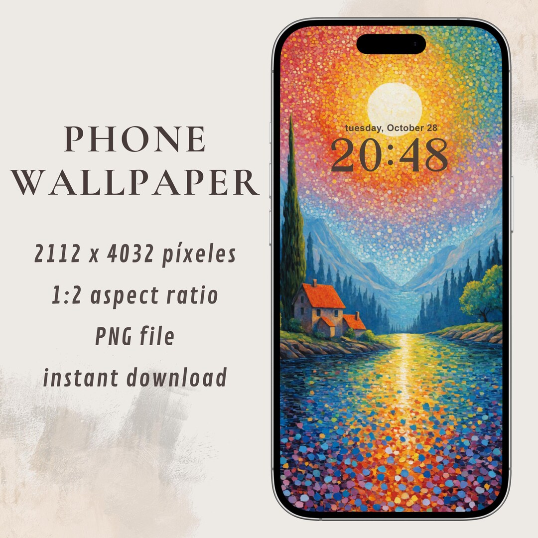 Pointillism Sunset Lake Wallpaper | Colorful Mountain Landscape Phone ...