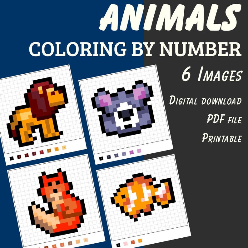 Animal Pixel Art Coloring by Numbers Pack – 6 Printable PDF Images ...