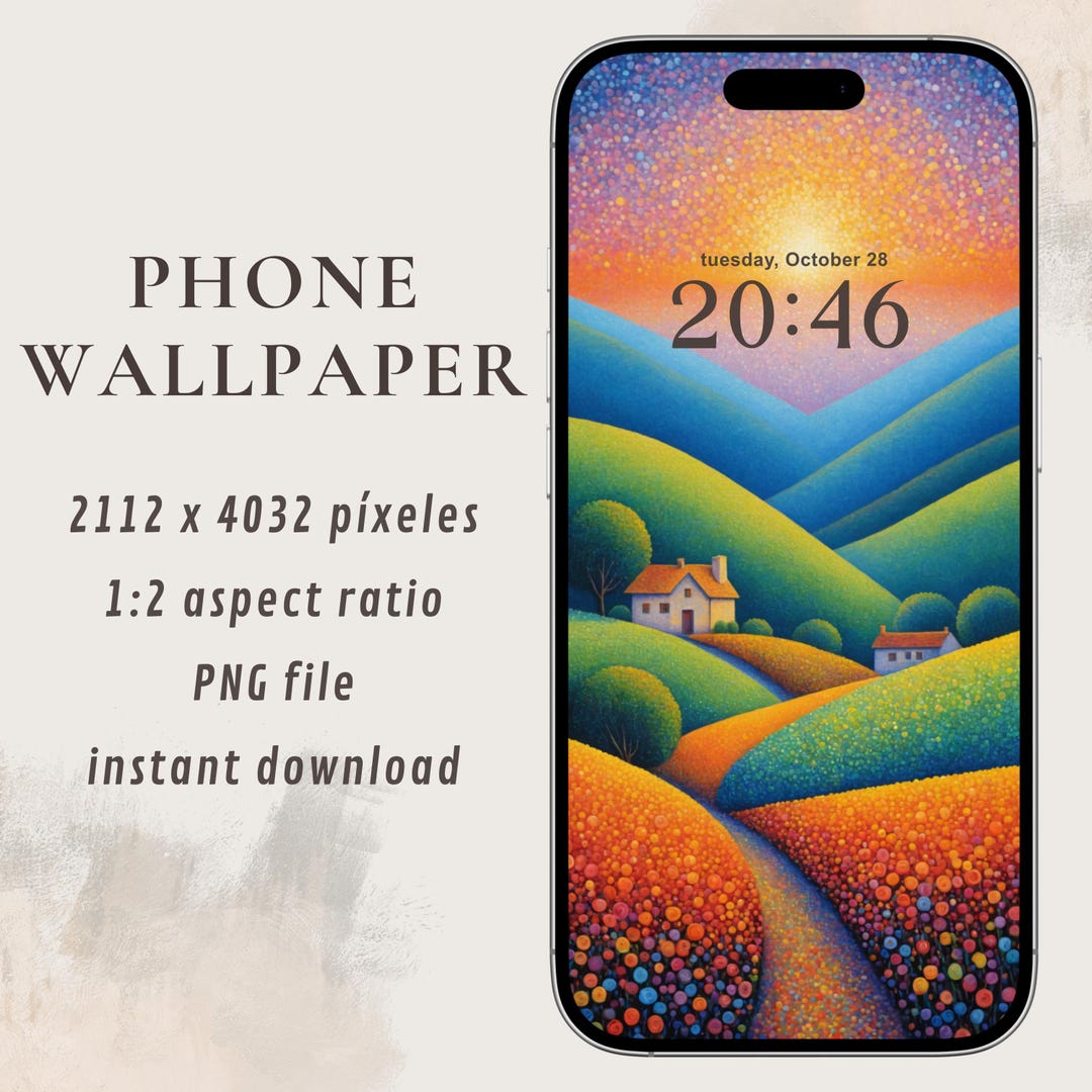 Pointillism Hills Landscape Wallpaper | Vibrant Sunset Nature Art Phone ...
