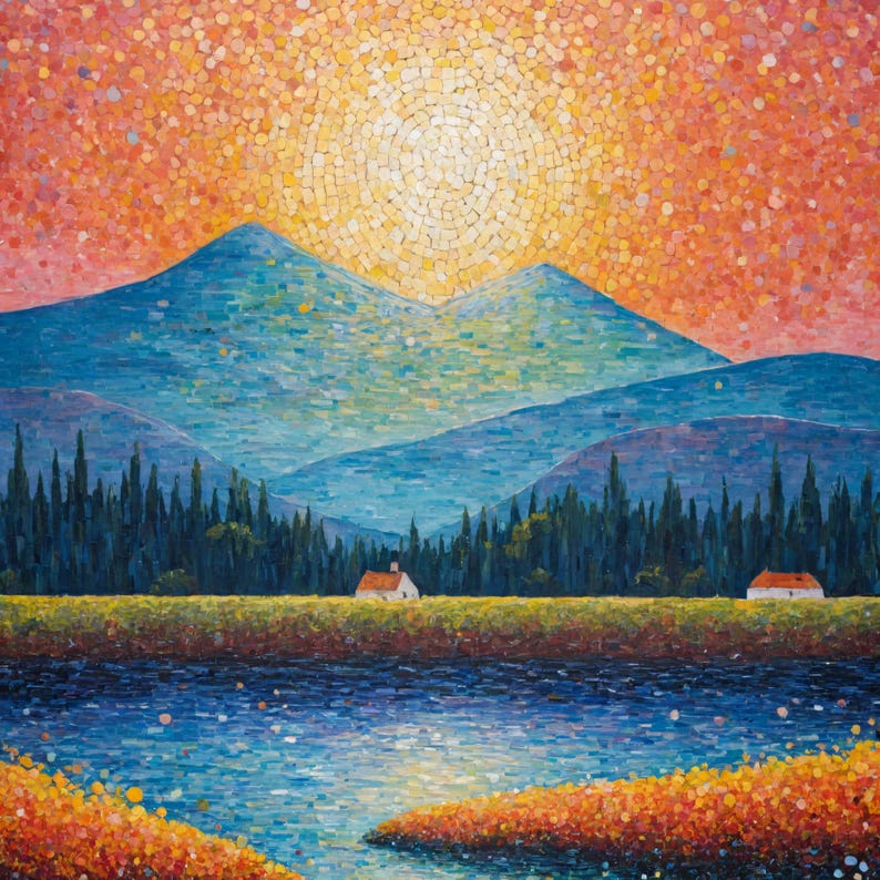 Sunset Lake Phone Wallpaper | Pointillism Style | Colorful Mountain ...