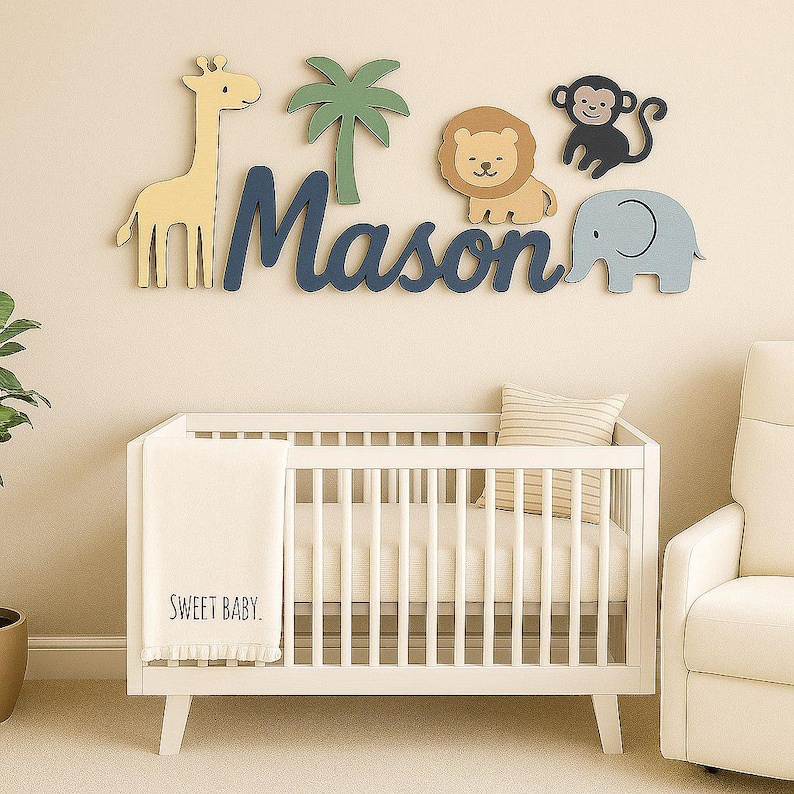 Safari Animal Baby Name Sign Above Crib Name Sign, Nursery Name Sign ...
