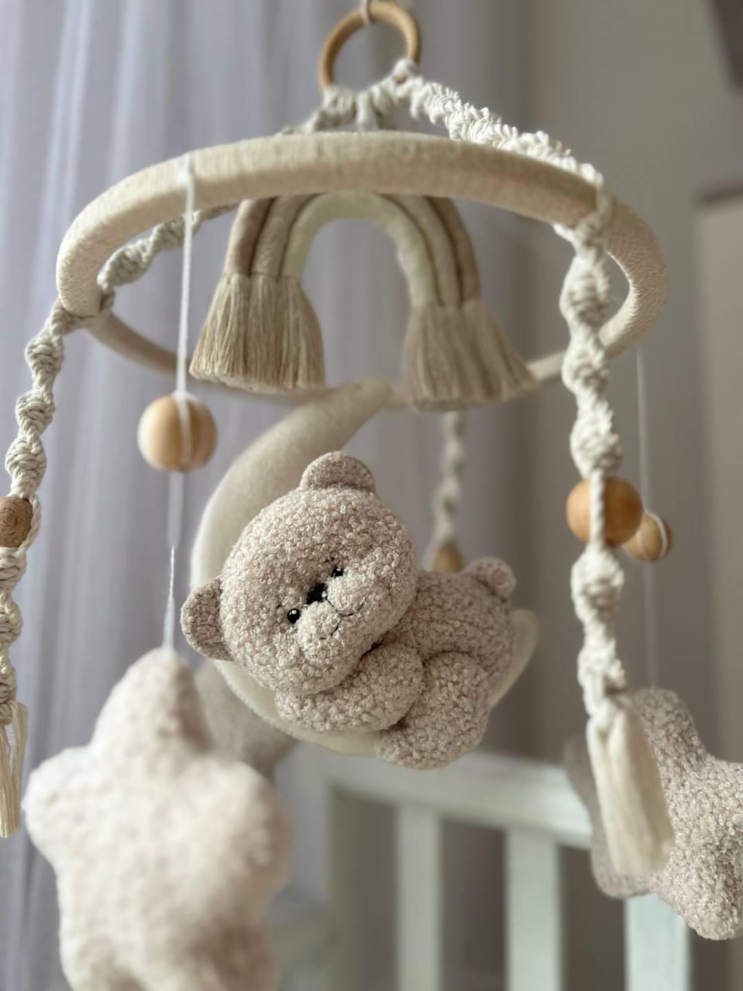 Macrame Teddi Bear Baby Mobile: Rainbow Star Cot Mobile - Etsy