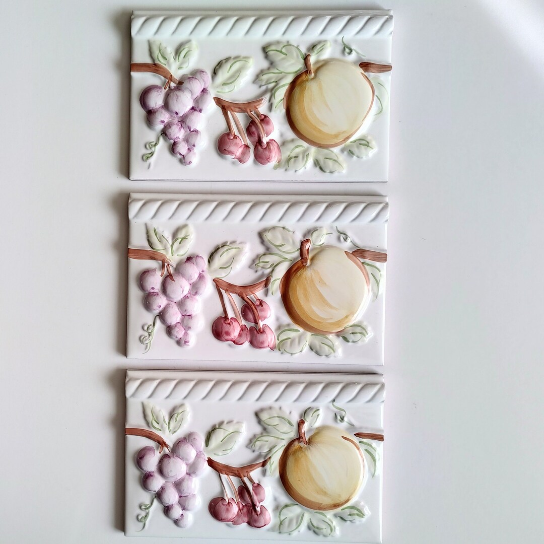 Three Bas Relief Hand Painted and Glazed Clay Tiles, Fruits - Free US ...