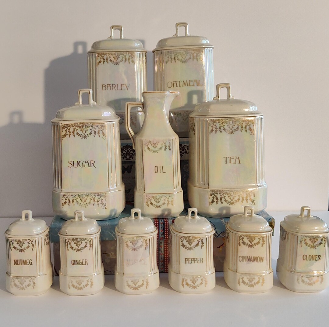 True Vintage Lusterware Porcelain- 4 Cannisters, 6 Spice Jars All With ...