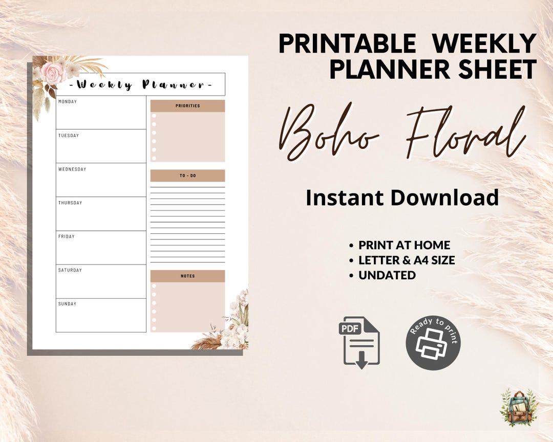 Boho Floral Weekly Planner Printable PDF | Letter A4 | Digital Download ...
