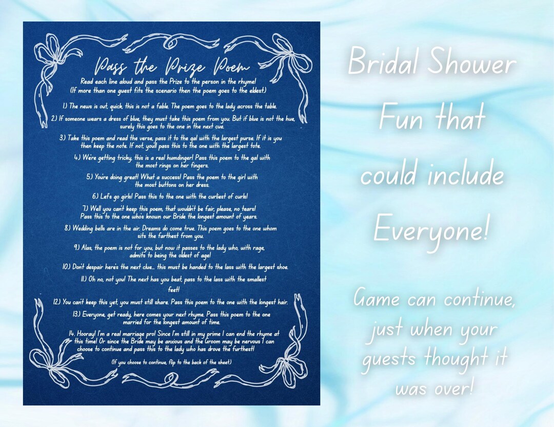 Pass the Prize Bridal Shower Game Poem Bow Something Blue Before I Do ...