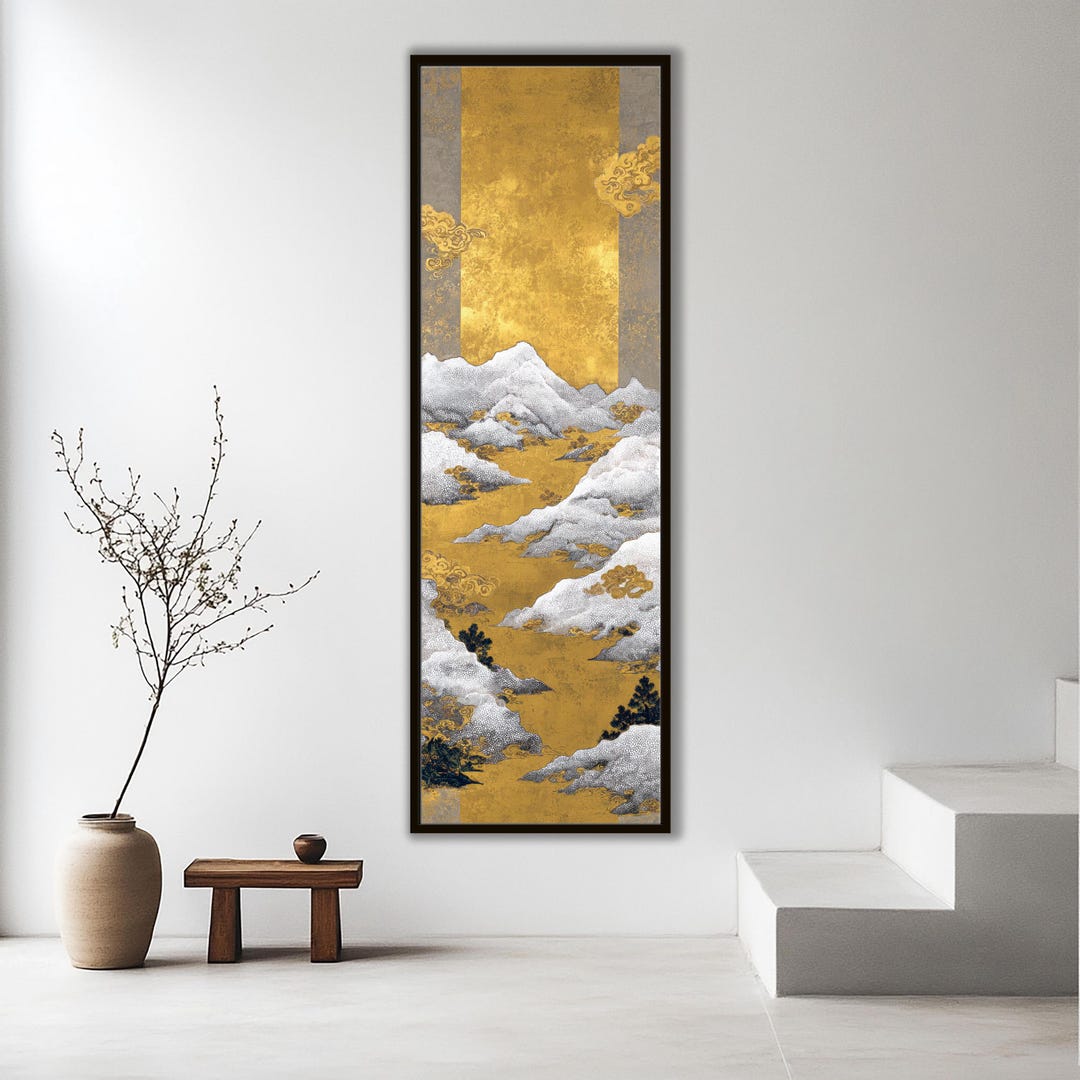 Arte de parede com paisagem japonesa - Impressão em tela Japandi Gold ...