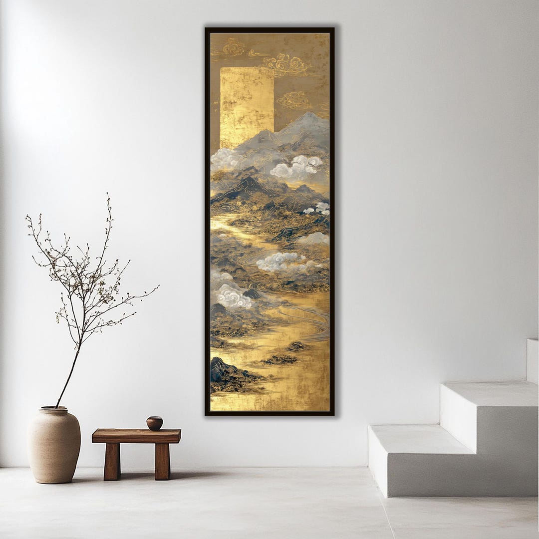 Japanese Landscape Wall Art - Japandi Gold Mountain Canvas Print | Long ...