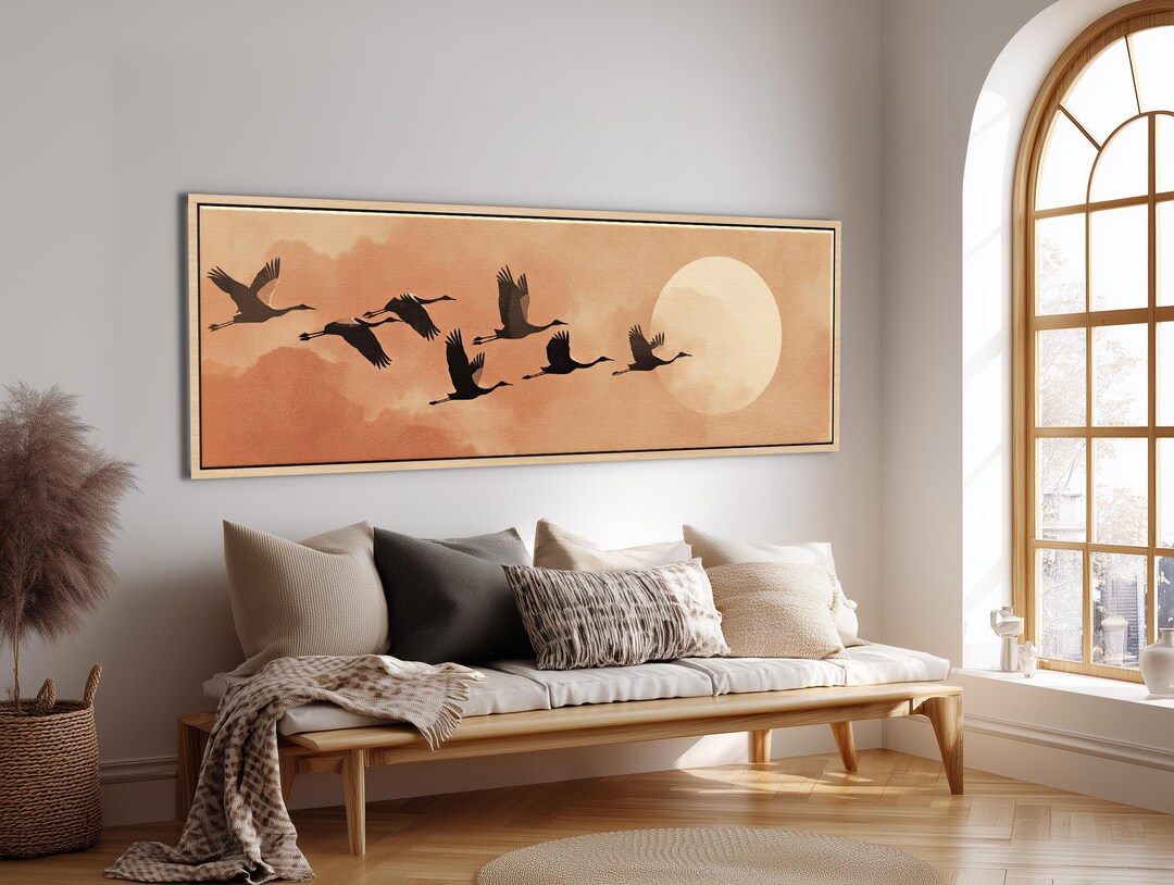 Japanese Crane Birds & Sunset Wall Art – Japandi Minimalist Horizon ...