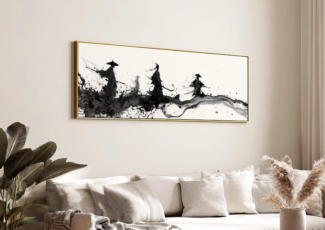 Japanese Samurai - Ink Painting Panoramic Canvas Print — Bold Black ...
