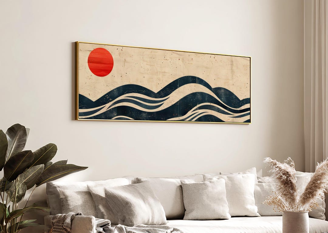 Japanese Red Sun Wall Art - Minimalist Ocean Wave Living Room Decor ...