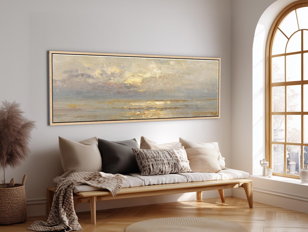 Golden Horizon Abstract Seascape | Beige & Gold Textured Panoramic ...