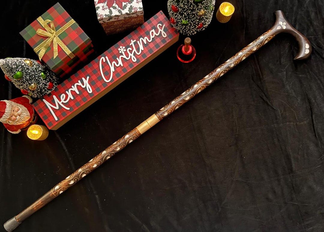 Handcrafted Wooden Walking Cane: Mother of Pearl Inlay, Vintage Style ...