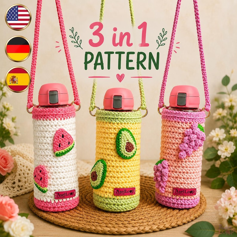 Crochet Bottle Holder Pattern Bundle | Watermelon, Avocado, Grape ...