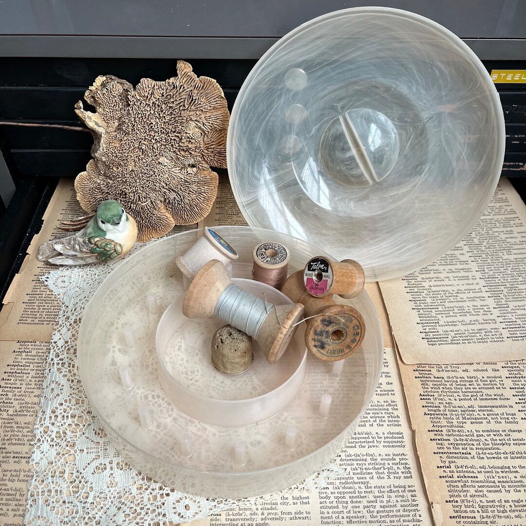 Vintage Sewing Box Spool Storage Round White Marble Lid Hommer Small ...