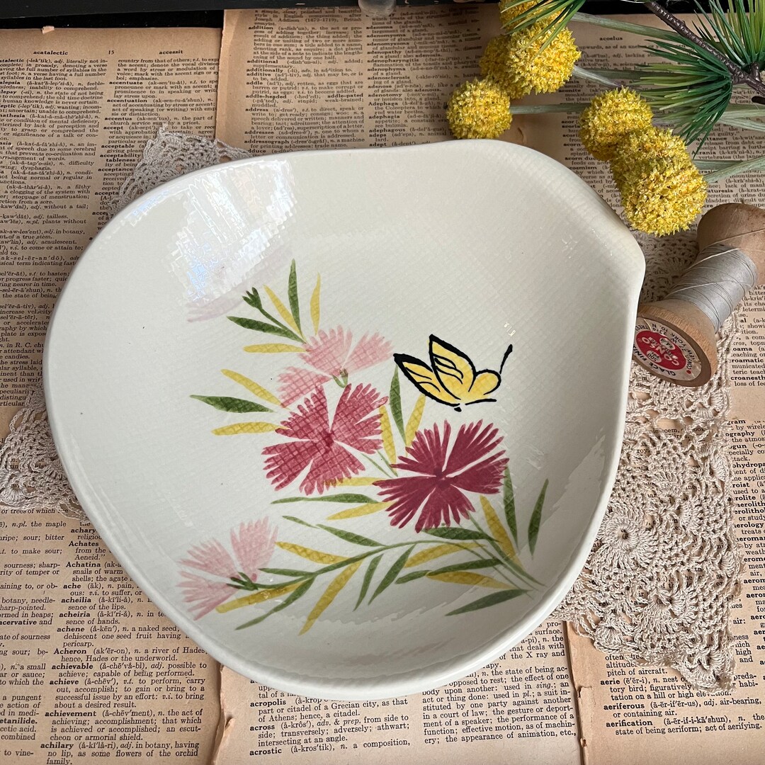 Vintage MCM Redwing Dish Floral Butterfly Oblong Serving Dessert Cheese Pink White Compote ...