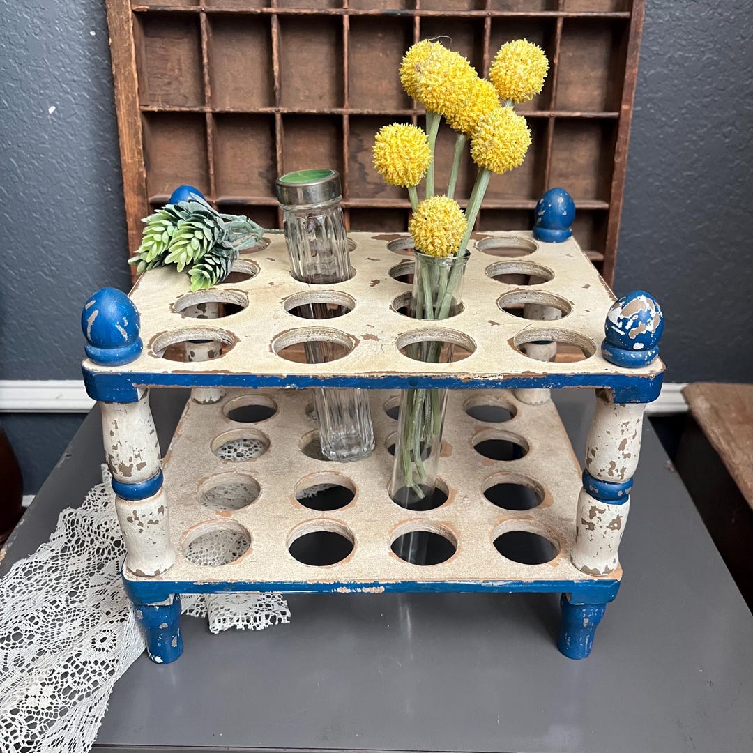 Set Vintage Shelf Wooden Display Test Tube Rack Primitive Wooden Vile ...