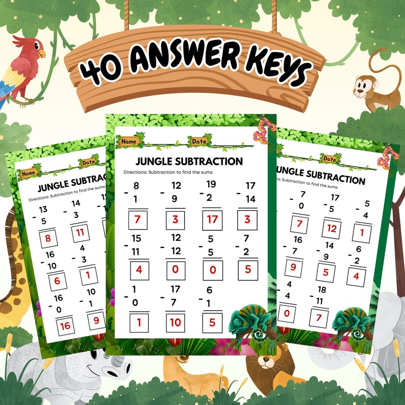 Jungle Subtraction Worksheets | 40 Pages + Answer Key | Printable Math ...